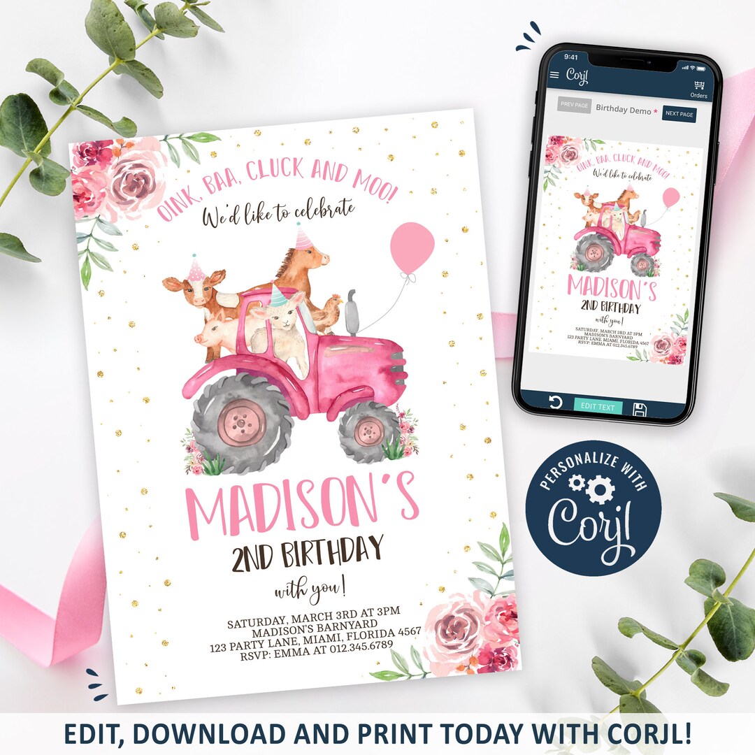 Farm Animals Invitation, Farm Birthday Invitation Printable, Girl ...