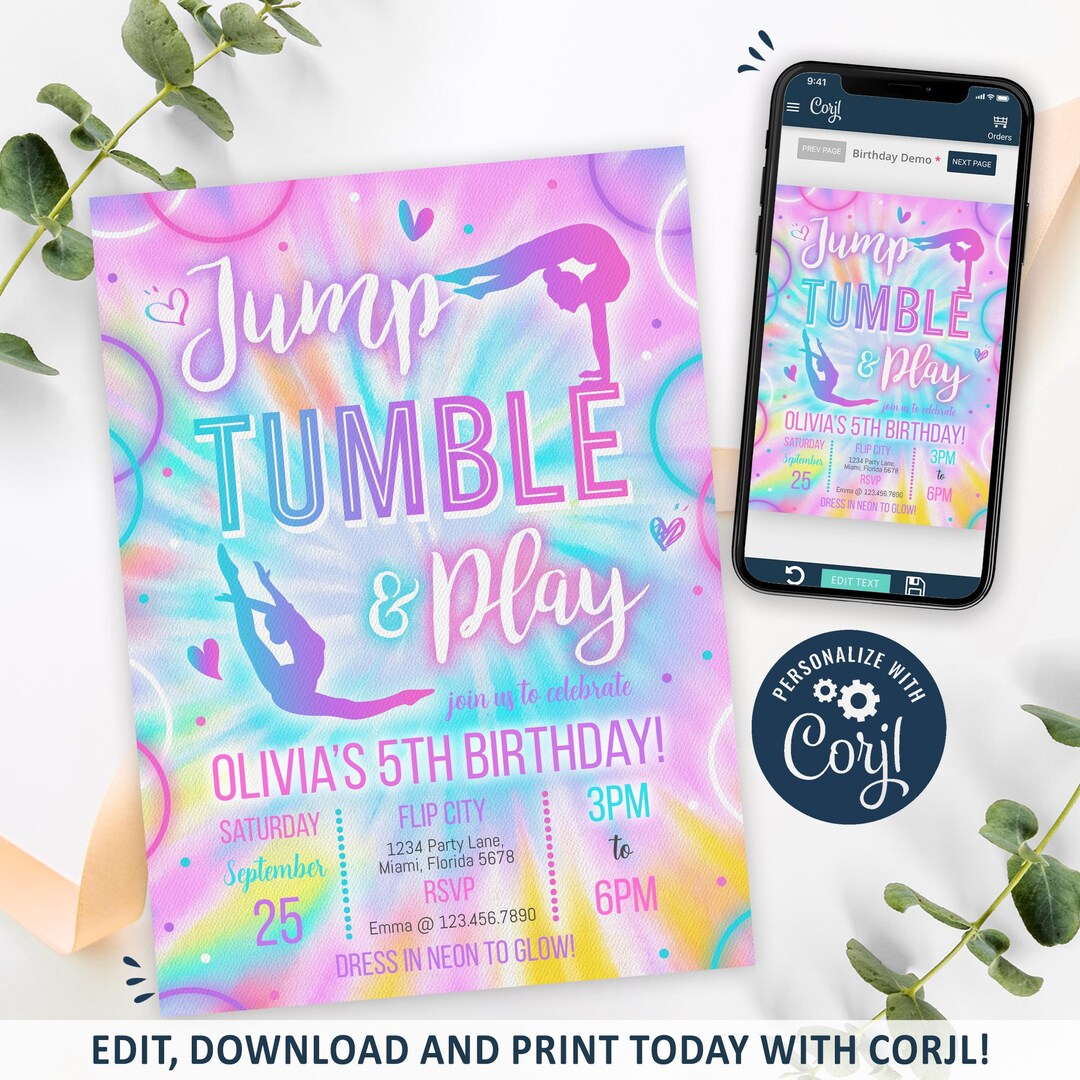 Gymnastics Invitation, Gymnastics Birthday Invitation Printable, Neon ...
