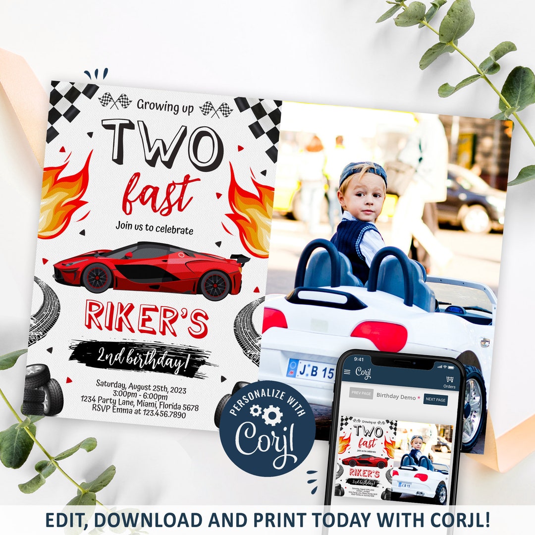 Race Invitation, Two Fast Birthday Photo Invitation Printable, Boy ...