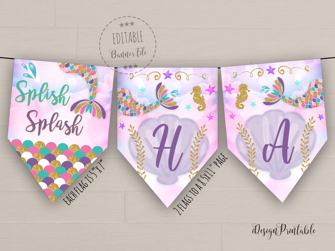 Mermaid Birthday Banner, Editable Mermaid Garland Banner, Mermaid Tail ...