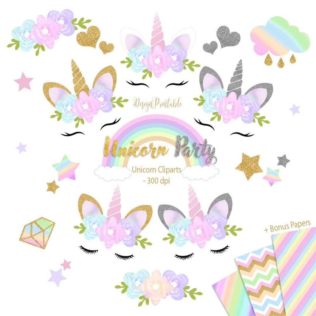 Rainbow Unicorn Faces Clip Art, Unicorn Party Clip Art, Unicorn Face ...