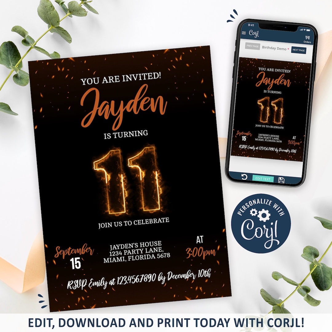 Boy Birthday Invitation, 11th Birthday Invitation Printable, Boy Fire ...