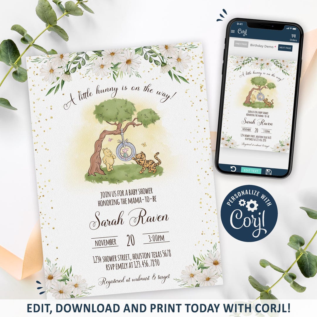 Little Hunny Winnie the Pooh Invitation, Classic Winnie the Pooh Baby ...