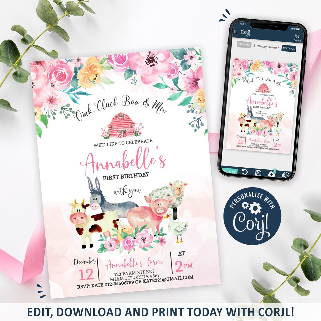 Farm Invitation, Farm Birthday Invitation Printable, Floral Farm Party ...