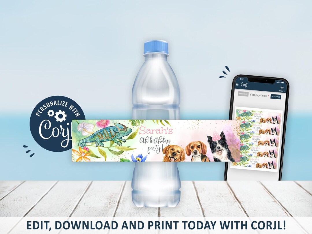 Reptile & Puppy Water Bottle Labels, Reptile and Puppy Birthday Labels ...