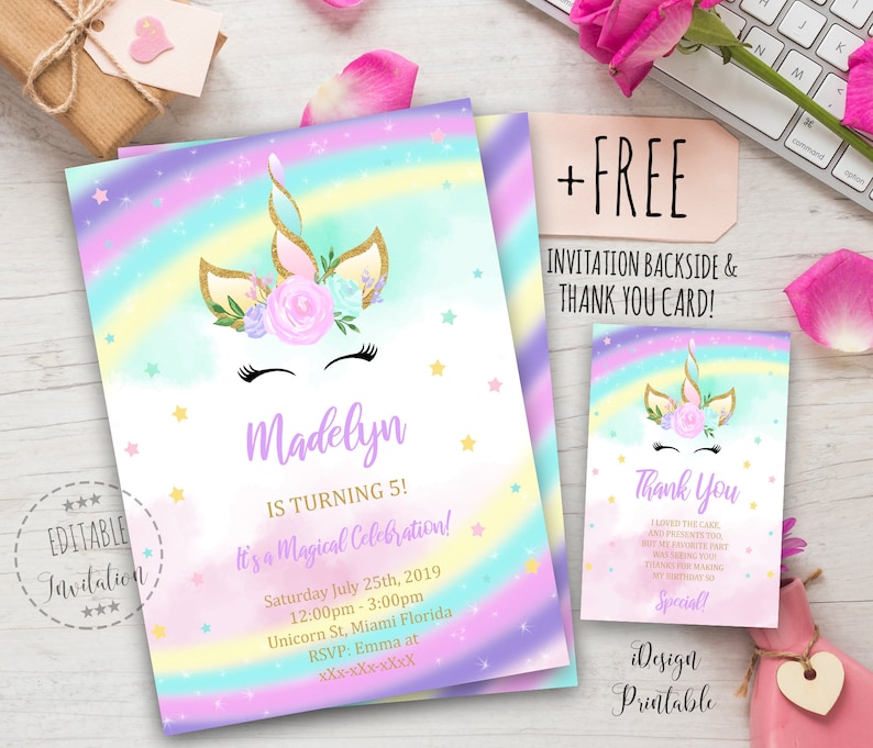 Rainbow Unicorn Invitation Unicorn Birthday Invitation | Etsy