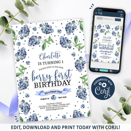 Editable Blueberry Birthday Invitation First Birthday Berry - Etsy Canada
