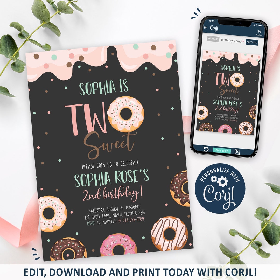 Two Sweet Donut Invitation, Donut 2nd Birthday Invitation Printable ...