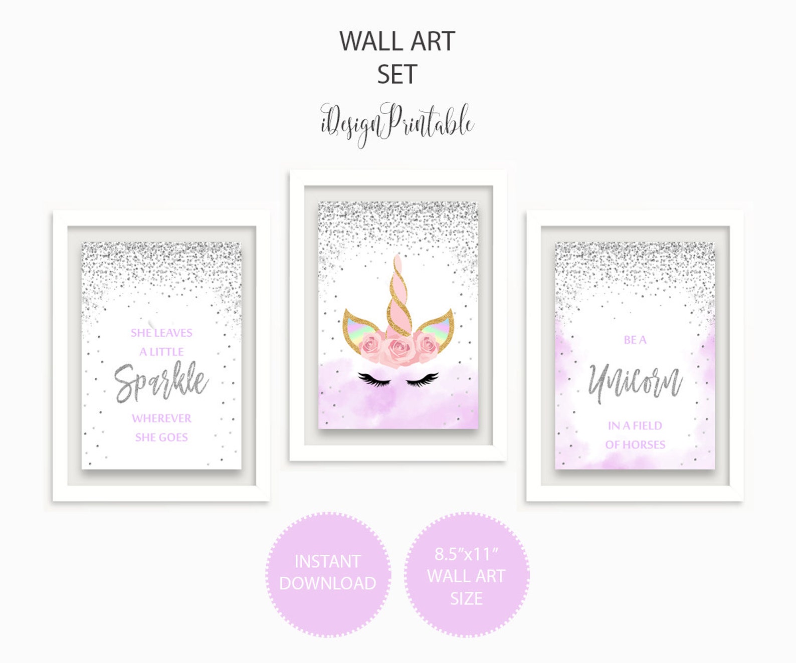 Unicorn Wall Art Set Instant Download Silver Confetti Unicorn | Etsy