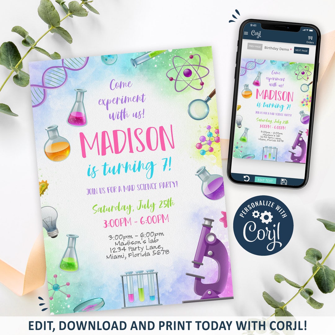 Science Invitation, Science Birthday Invitation Editable, Mad Science ...