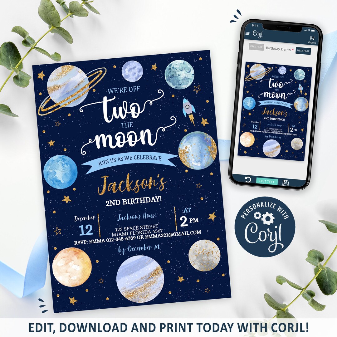 Two the Moon Invitation, Boy Two the Moon Birthday Invitation Printable ...