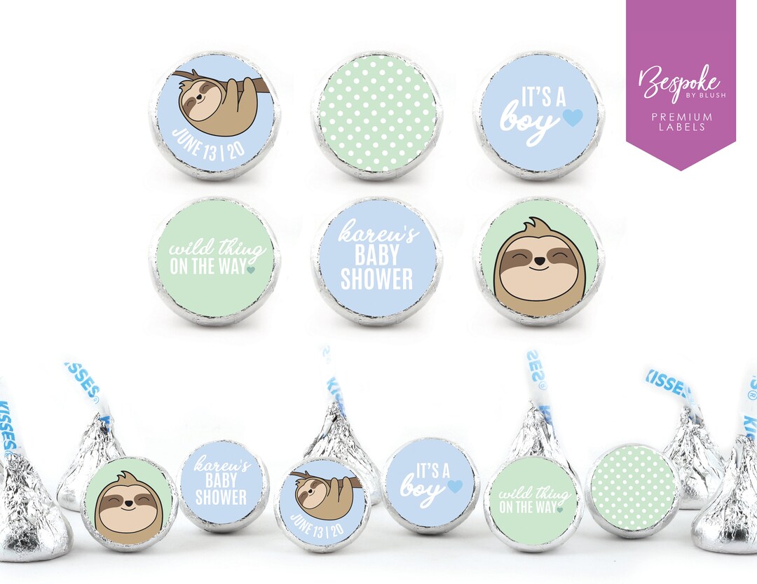 108 Personalized Kiss Chocolate Stickers | Sloth Baby Shower | Boy Baby ...