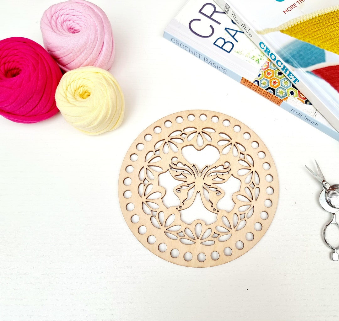 Circular Wooden Top Design Butterfly for Crochet Basket Wooden Lid for ...