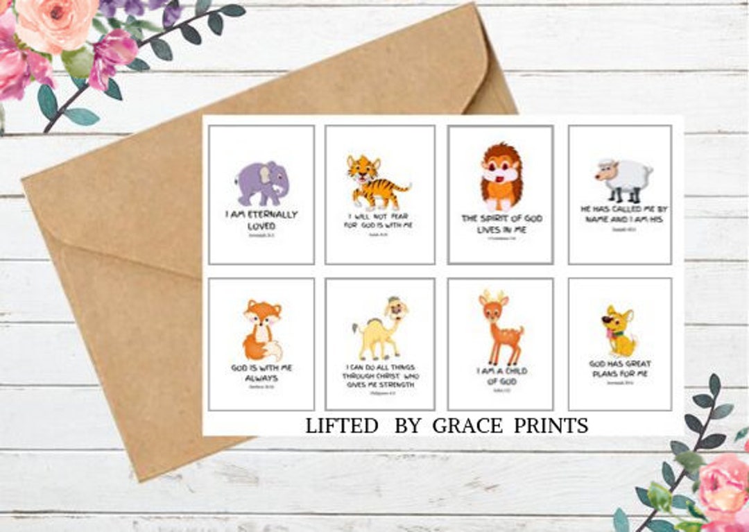Bible Verse Cards, Kid Scripture Prints, Bible Verse Animal Prints, Set ...