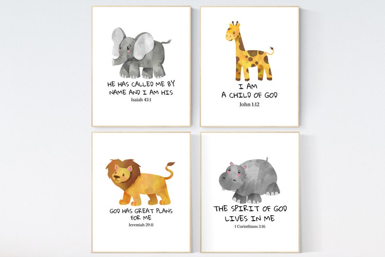 Safari Theme, Bible Verse Animal Print, Set of 4 Bible Print, Nursery ...