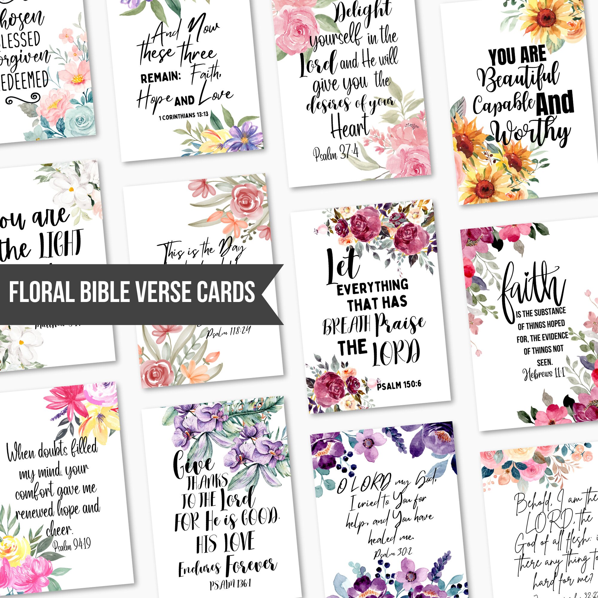 80 Printable Scripture Cards Bundle Floral Bible Verse Mini Note Cards ...