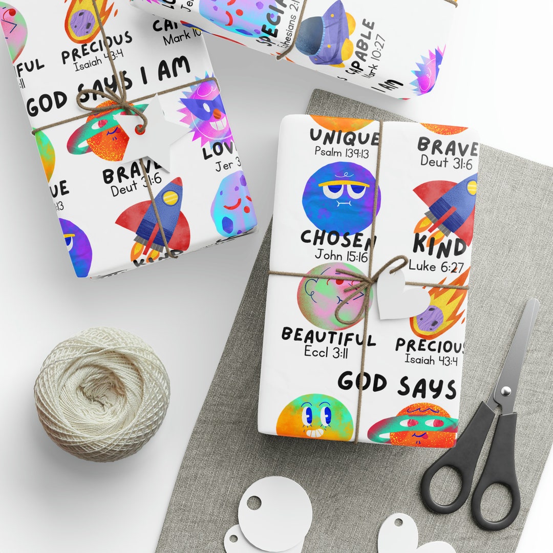 Bible Verse Wrapping Paper, Space Rocket Wrapping Papers, God Says I Am ...
