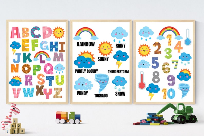 Set of Three Prints, Weather Print, Alphabet Print, Numbers Print ...