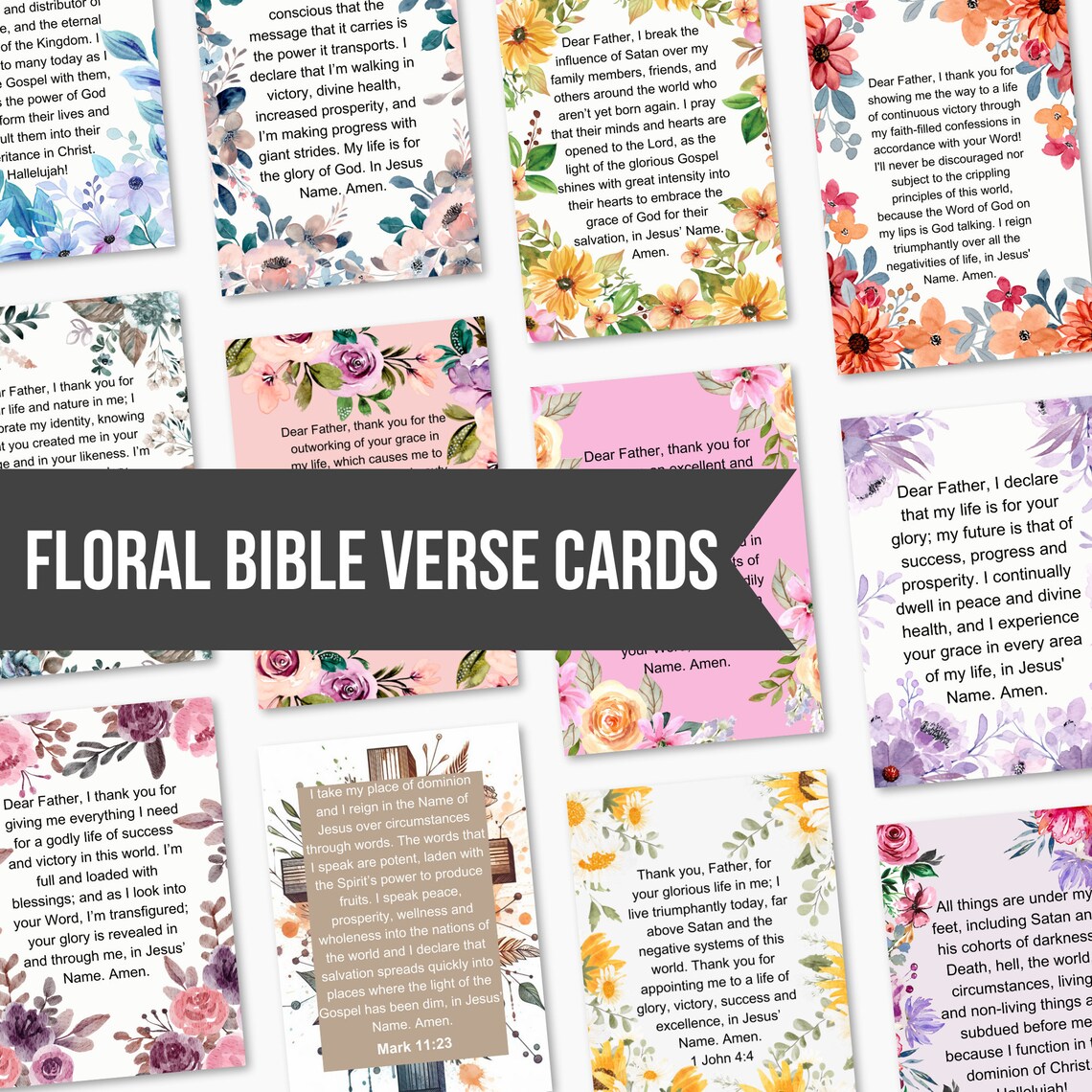 50 Printable Bible Verse Daily Prayer Cards Bundle, Floral Scripture ...