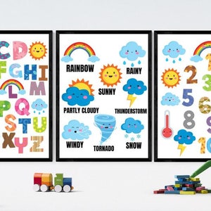 Set of Three Prints, Weather Print, Alphabet Print, Numbers Print ...