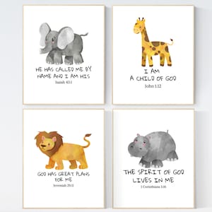 Safari Theme, Bible Verse Animal Print, Set of 4 Bible Print, Nursery ...