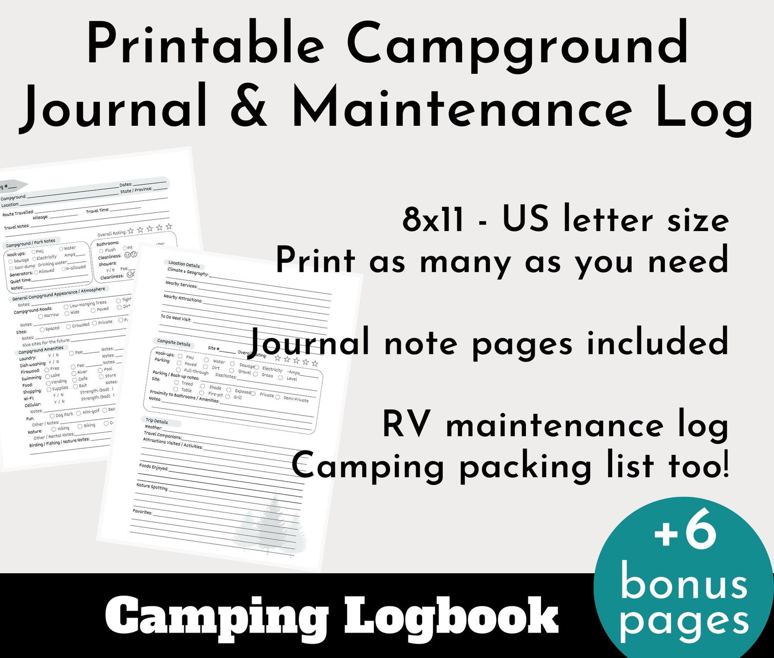 RV Camper Camping Journal Printable Campground Log Book, Travel Trailer ...
