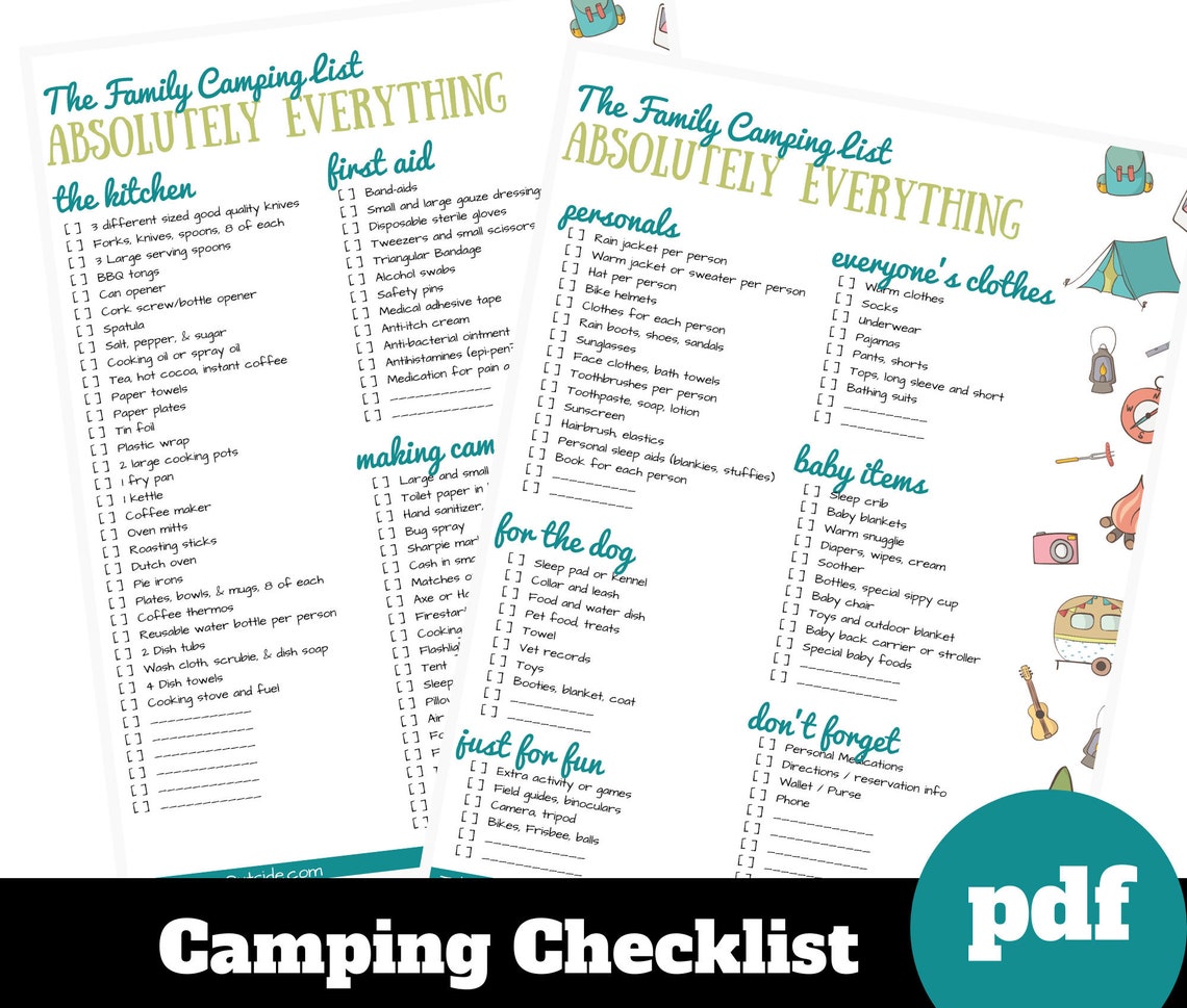Camping Packing Lists, RV Camper Checklist Printable, Download, Gift ...