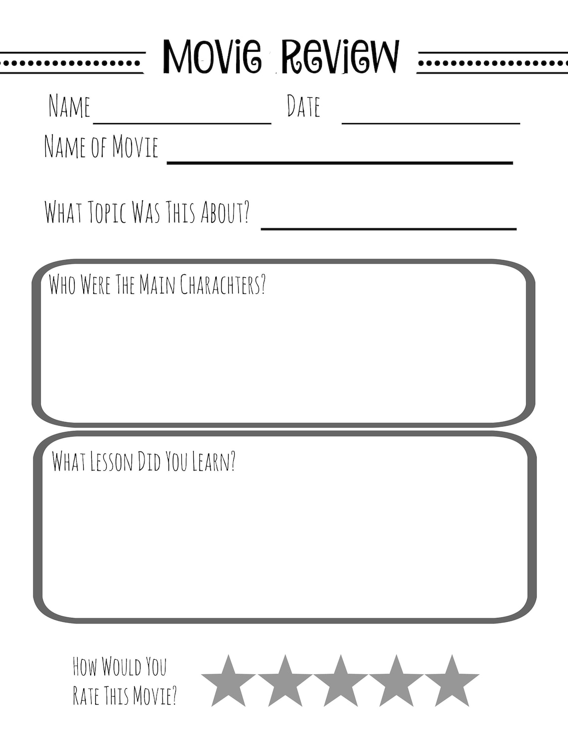Kids Movie Review Printable- School or Homeschool Follow Up - Etsy