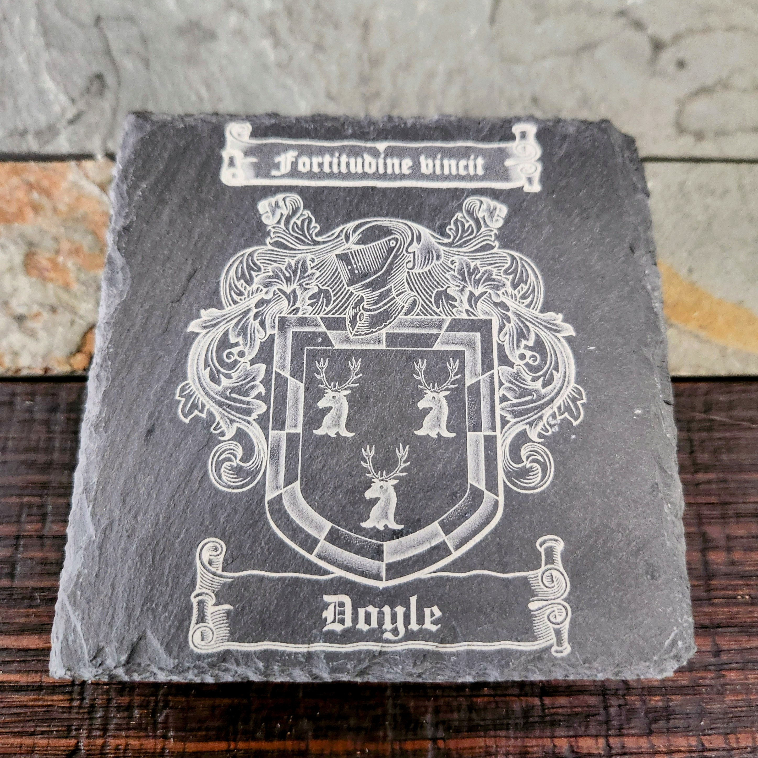Custom Coat of Arms Slate Coaster Set of 4 Doyle Last Name Square Slate ...