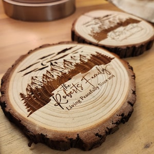 Personalized Wood Coasters Tree Coaster Live Edge Bark Coaster Set ...