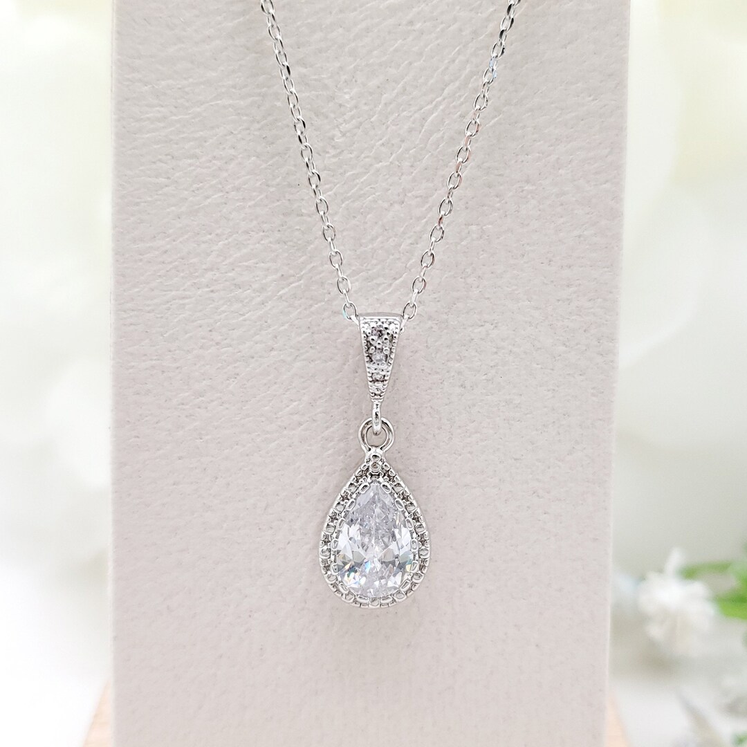 Silver Teardrop Style Necklace Bridal Necklace Bridesmaid - Etsy