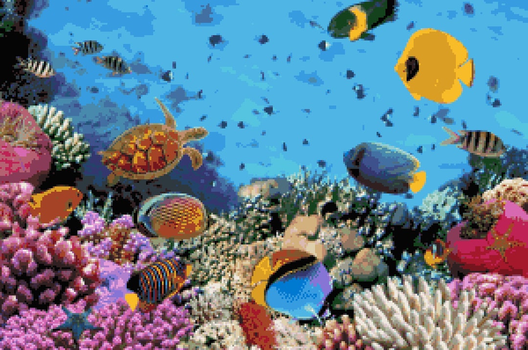 Tropical Coral Reef Cross Stitch Pattern: Colorful Ocean Life Pixel Art ...