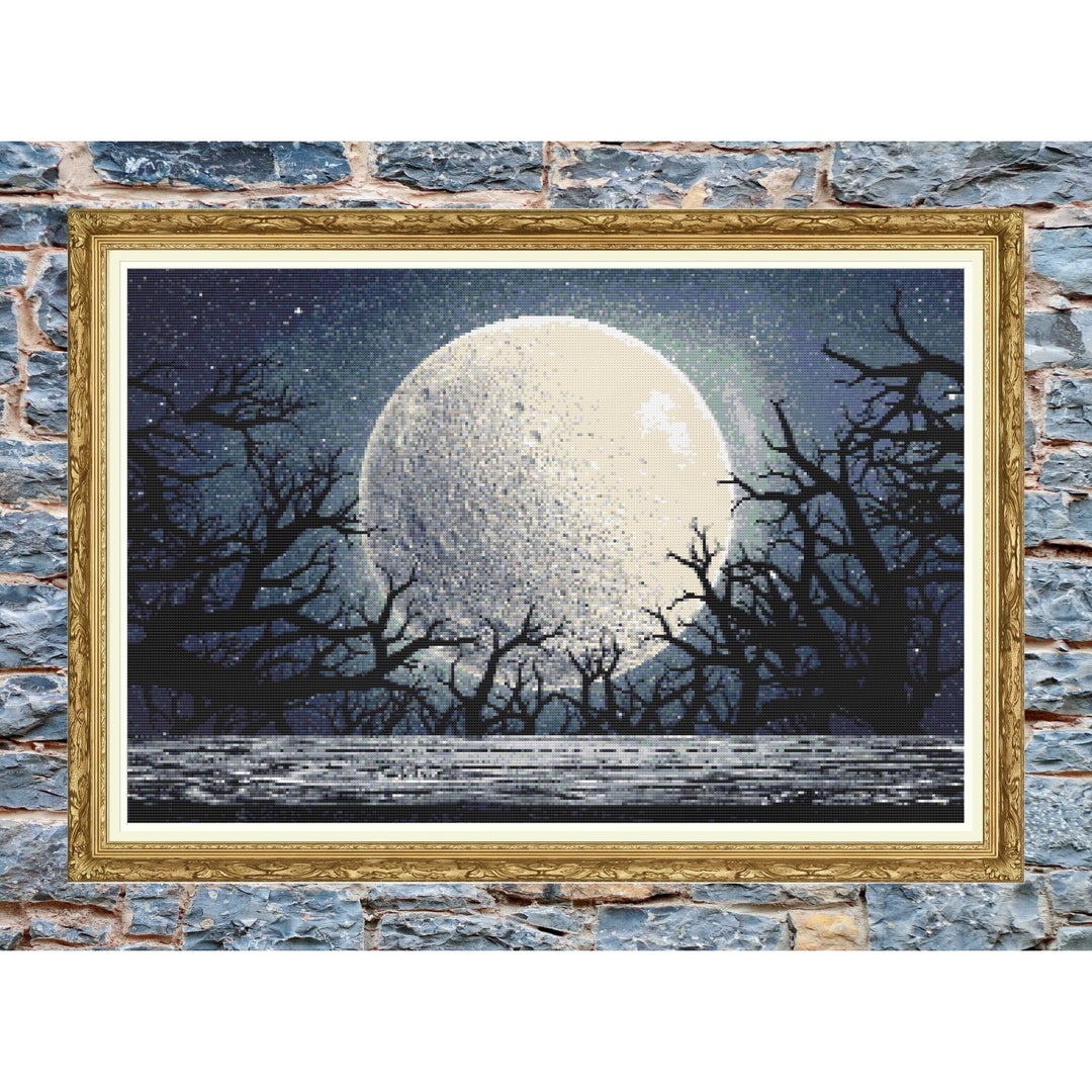 Full Moon Night Cross Stitch Pattern: Halloween Art Image, Pattern ...