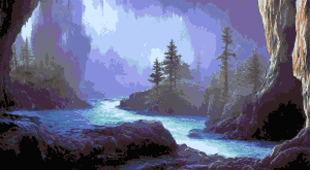 Sanctuary Stitch Pattern: Fantasy Dream Cave Scenic Pixel Art Image ...