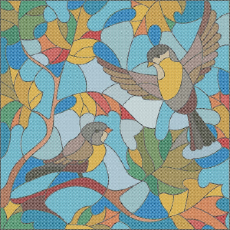 Birds in Maple Tree Cross Stitch Pattern: Stain Glass Window Nature ...