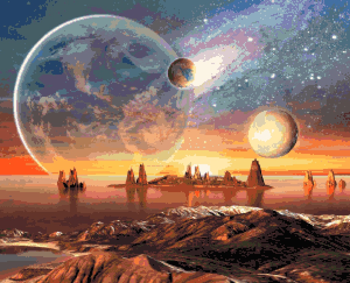 Galactic Skyline Cross Stitch Pattern: Science Fiction Worlds Pixel Art ...