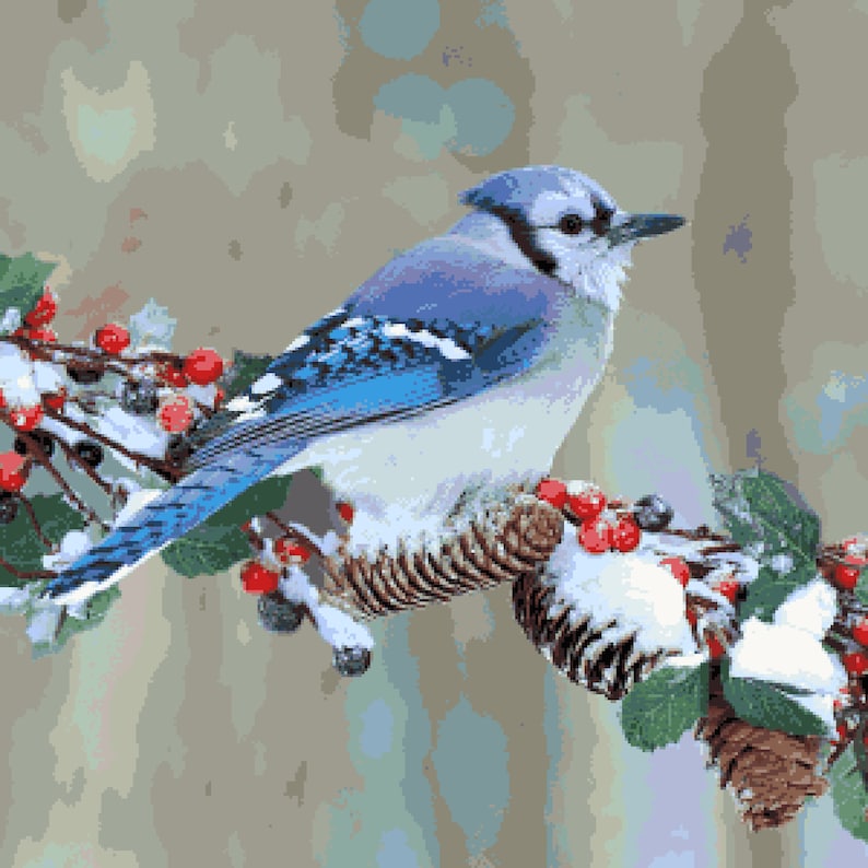 Winter Bluejay Cross Stitch Pattern: Seasonal Nature Birds Pixel Art ...
