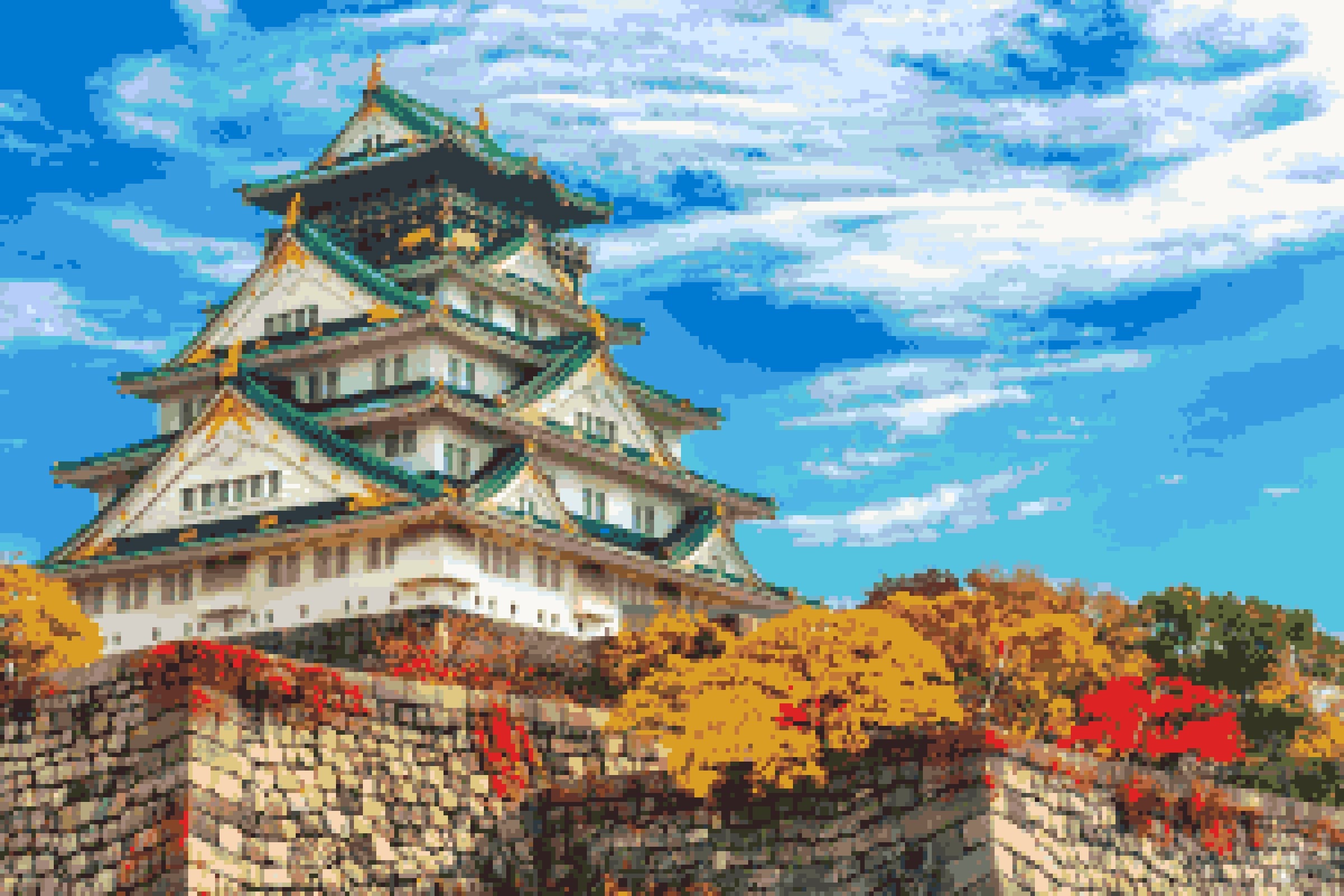 Osaka in Autumn Cross Stitch Pattern: Japanese Scenic Castle Pixel Art ...