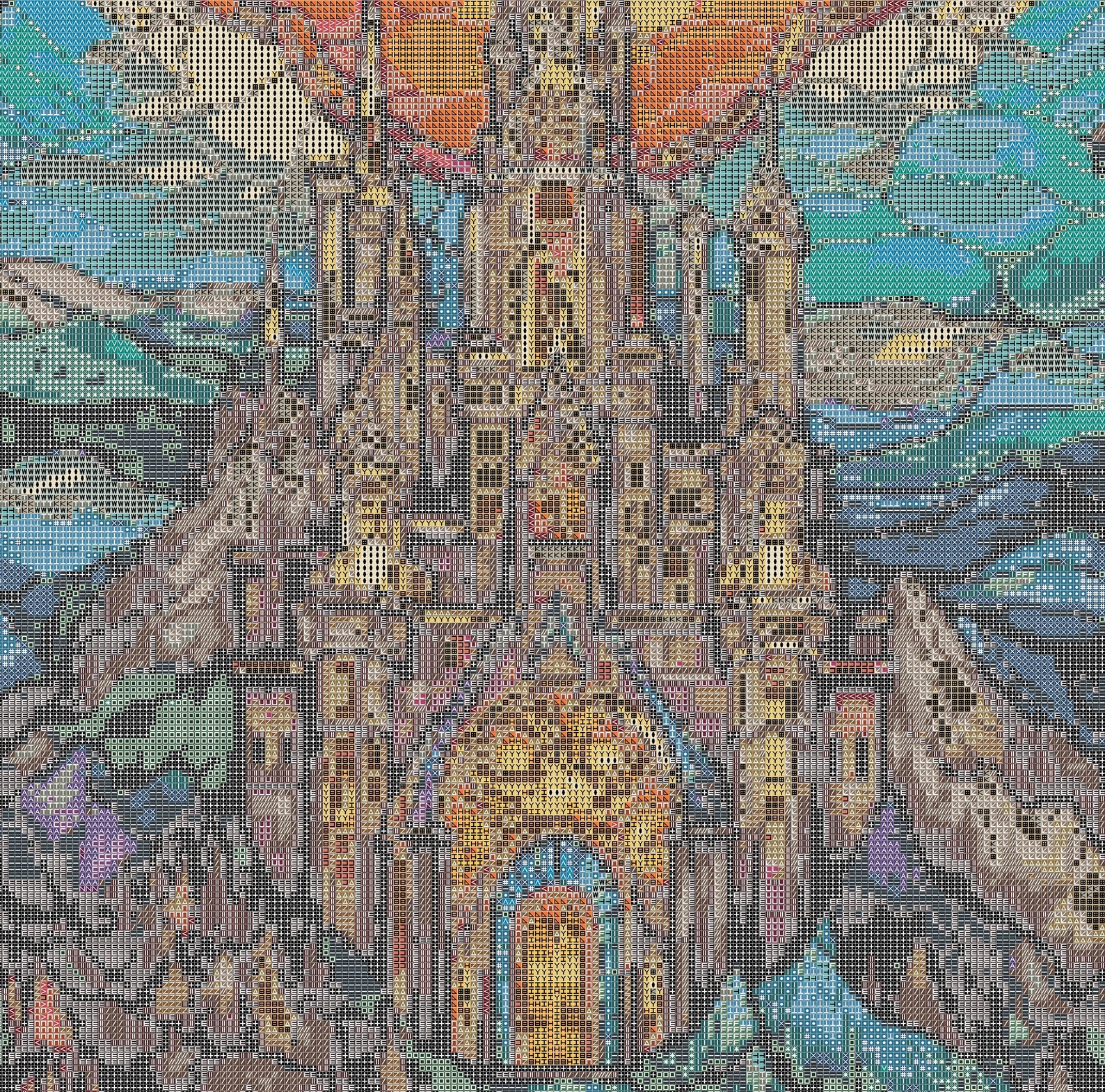 Stain Glass Castle Cross Stitch Pattern: Fantasy Inspired Pixel Image, Colorful Mountain ...