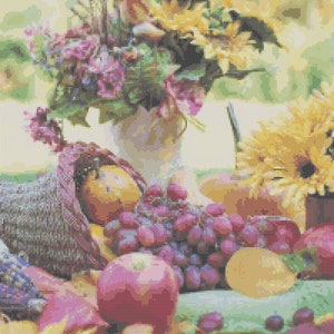 Cornucopia Feast: Thanksgiving Scene Cross-stitch Pattern Fruits ...