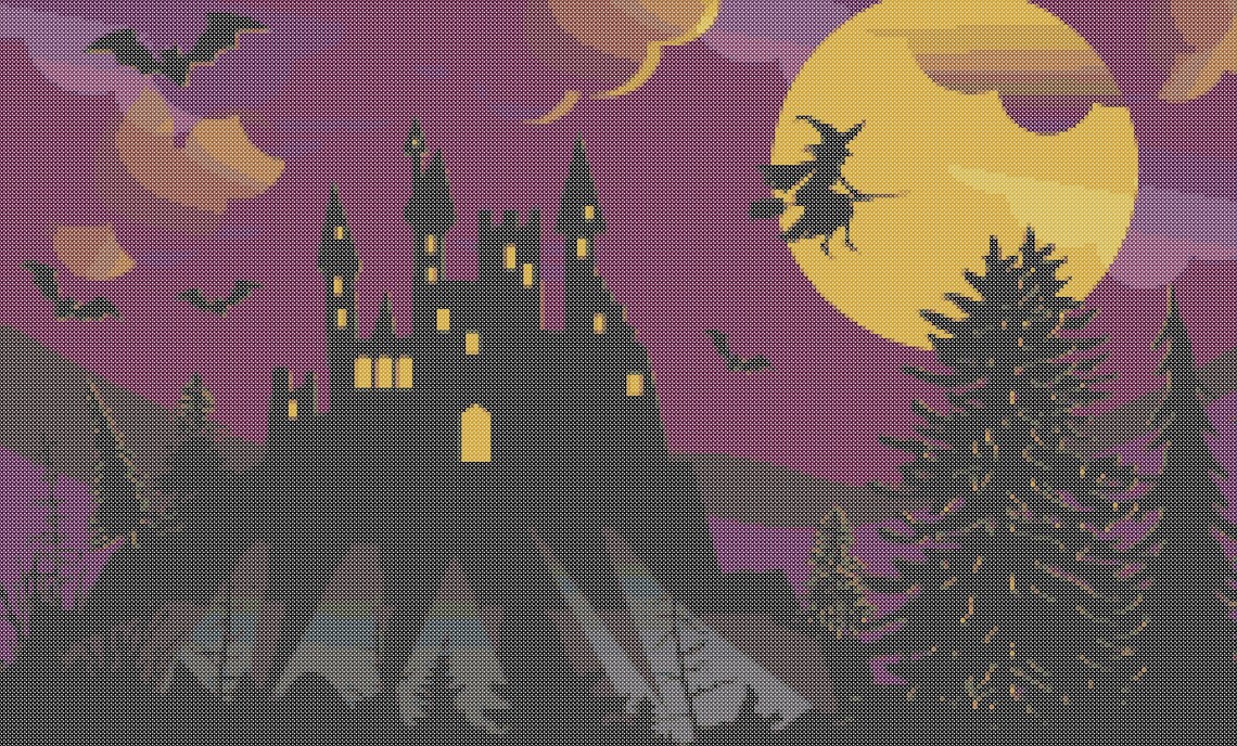 Witch's Domain: Haunted Castle Halloween Scene Cross-stitch Pattern ...