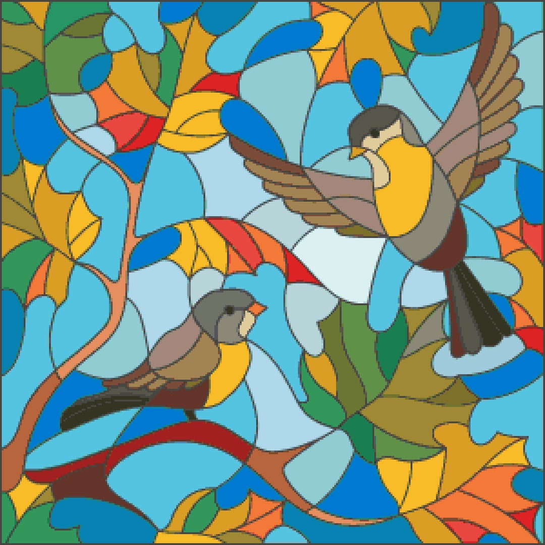Birds in Maple Tree Cross Stitch Pattern: Stain Glass Window Nature ...