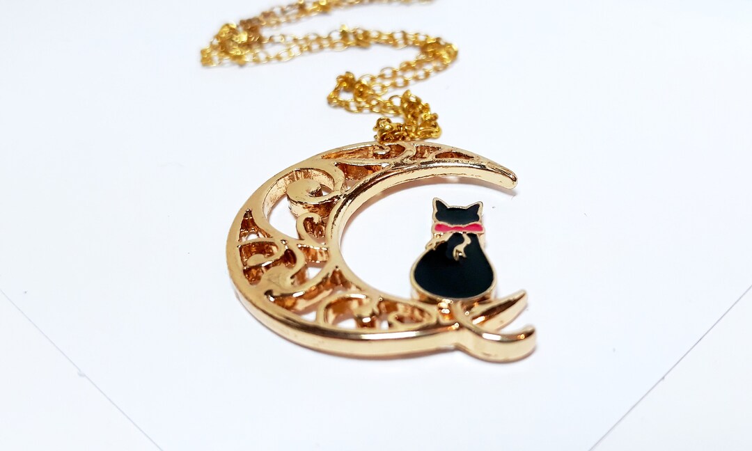 Cat Crescent Moon Necklace, Cat Necklace, Moon Necklace, Black Cat ...