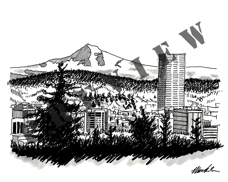 Printable Pen and Ink Hand Sketch Drawing - Portland, Oregon Skyline ...