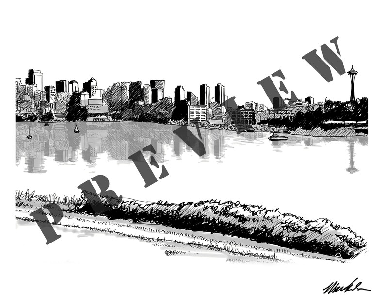 Printable Pen and Ink Hand Sketch Drawing - Seattle, Washington Skyline ...