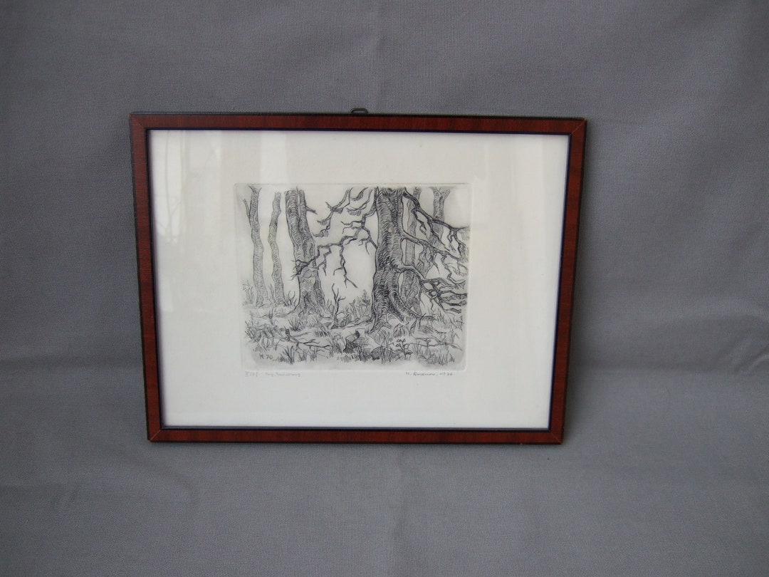 Vintage Etching Signed Trees Forest Tree Roots Branches U. Rosenow ...