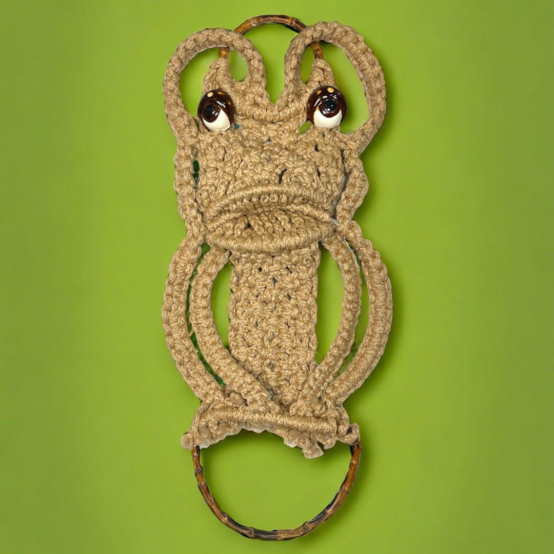 Vintage 70s Macrame Tan Frog Wall Art Decor Hanging Towel Holder Hippy ...