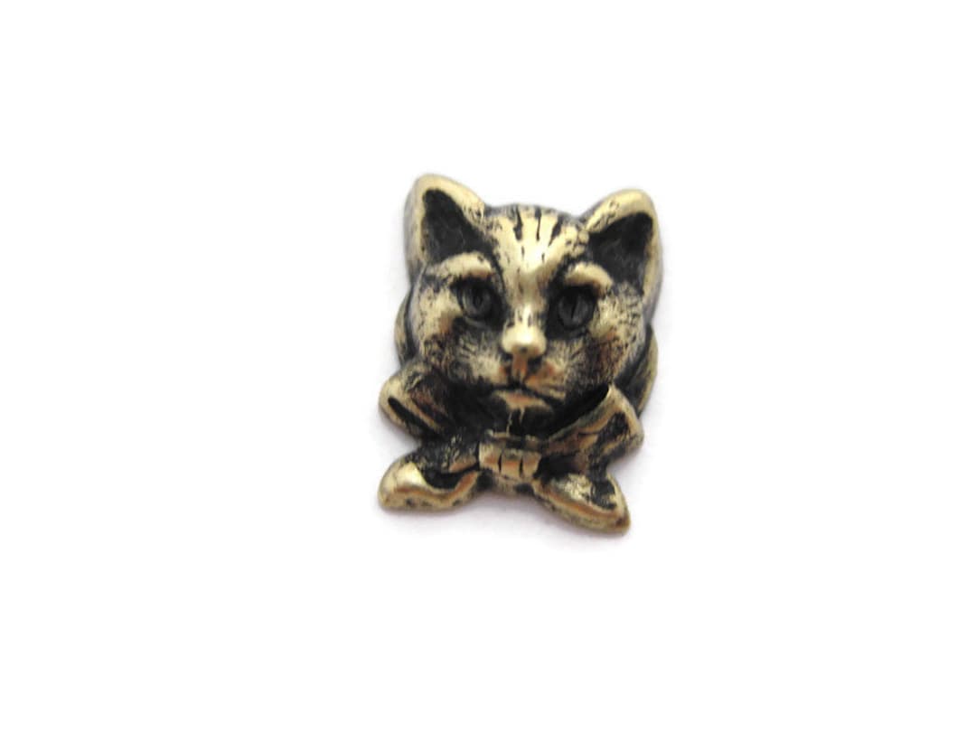 Brass Vintage Design Small Cat Face With Bow (2 Pieces) , Made in the ...