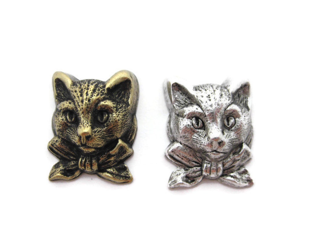 Brass Vintage Design Large Cat Face With Bow Collar , Made in the USA ...