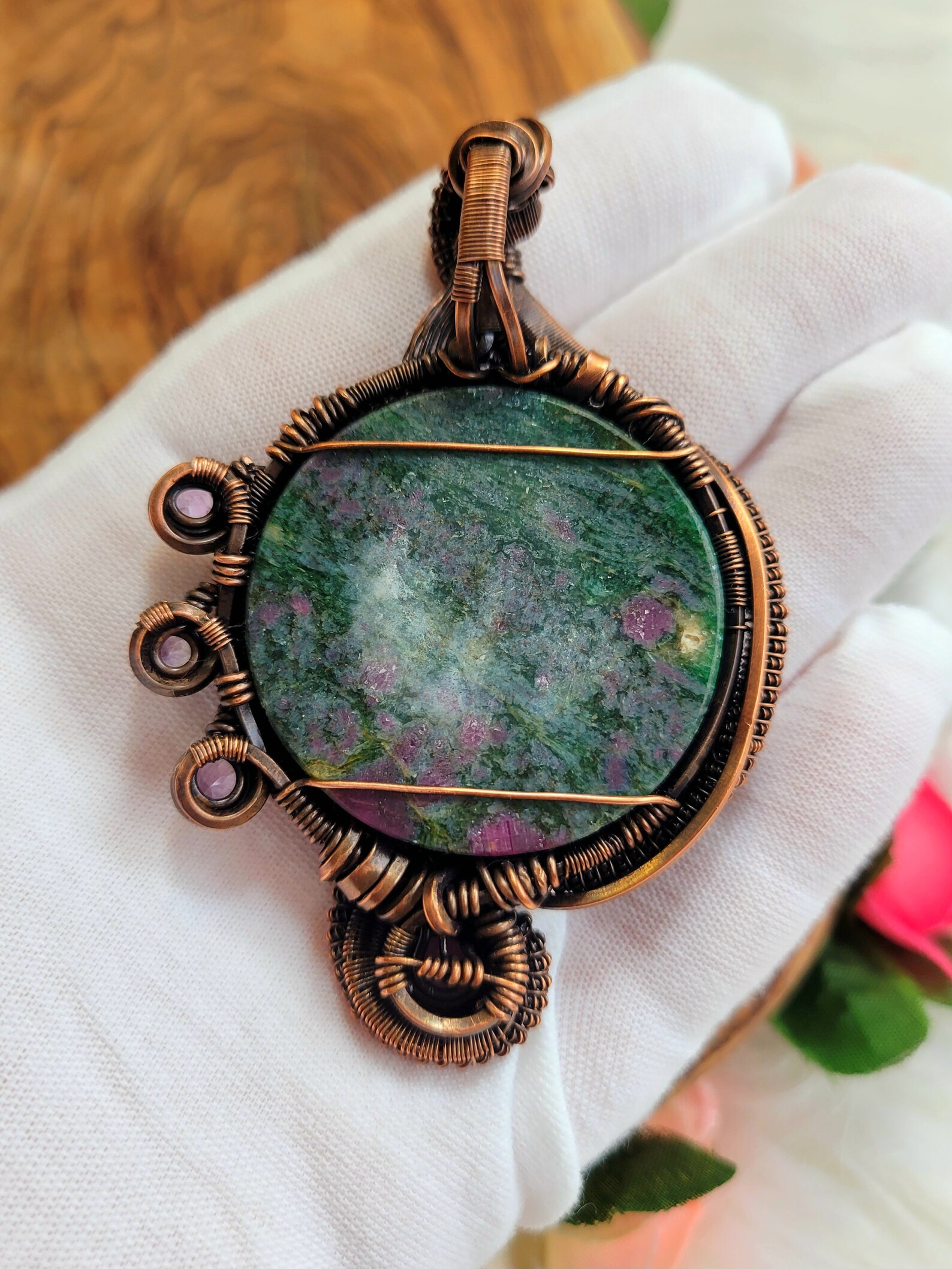 Ruby Fuchsite Pentacle Pendant, Ruby Fuchsite and Amethyst Wire Wrapped ...